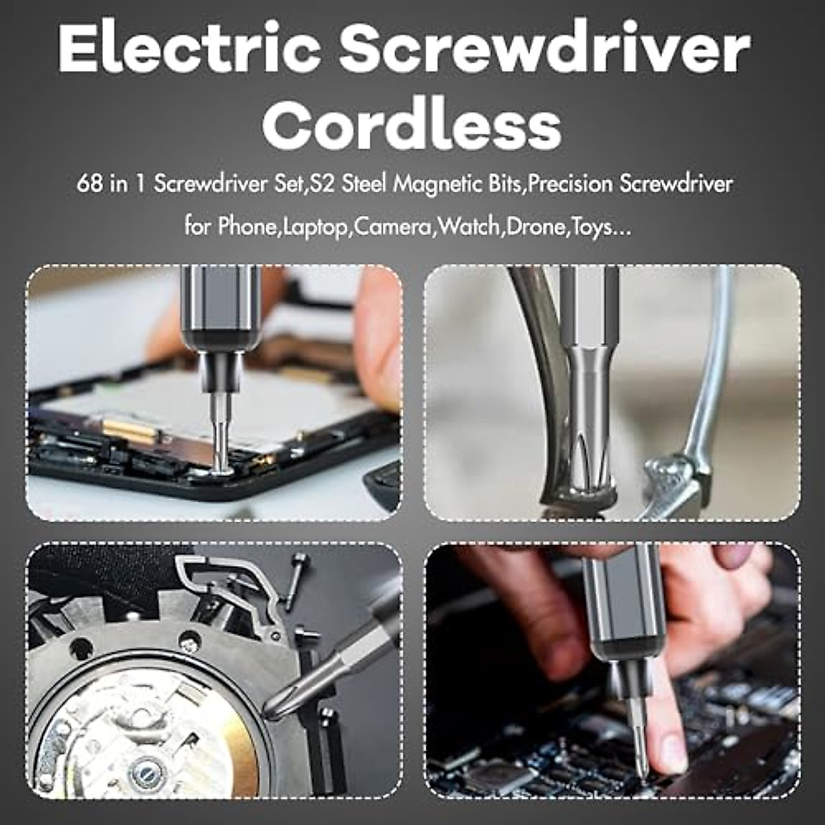 Mini Electric Screwdriver, 68-in-1 Precision Electric Screwdriver 400RPM with 5 Torque Settings, 68 Drill Bits, Pry Bar, Led and Tweezers, Electric Precision Screwdriver Kit for Pc Building