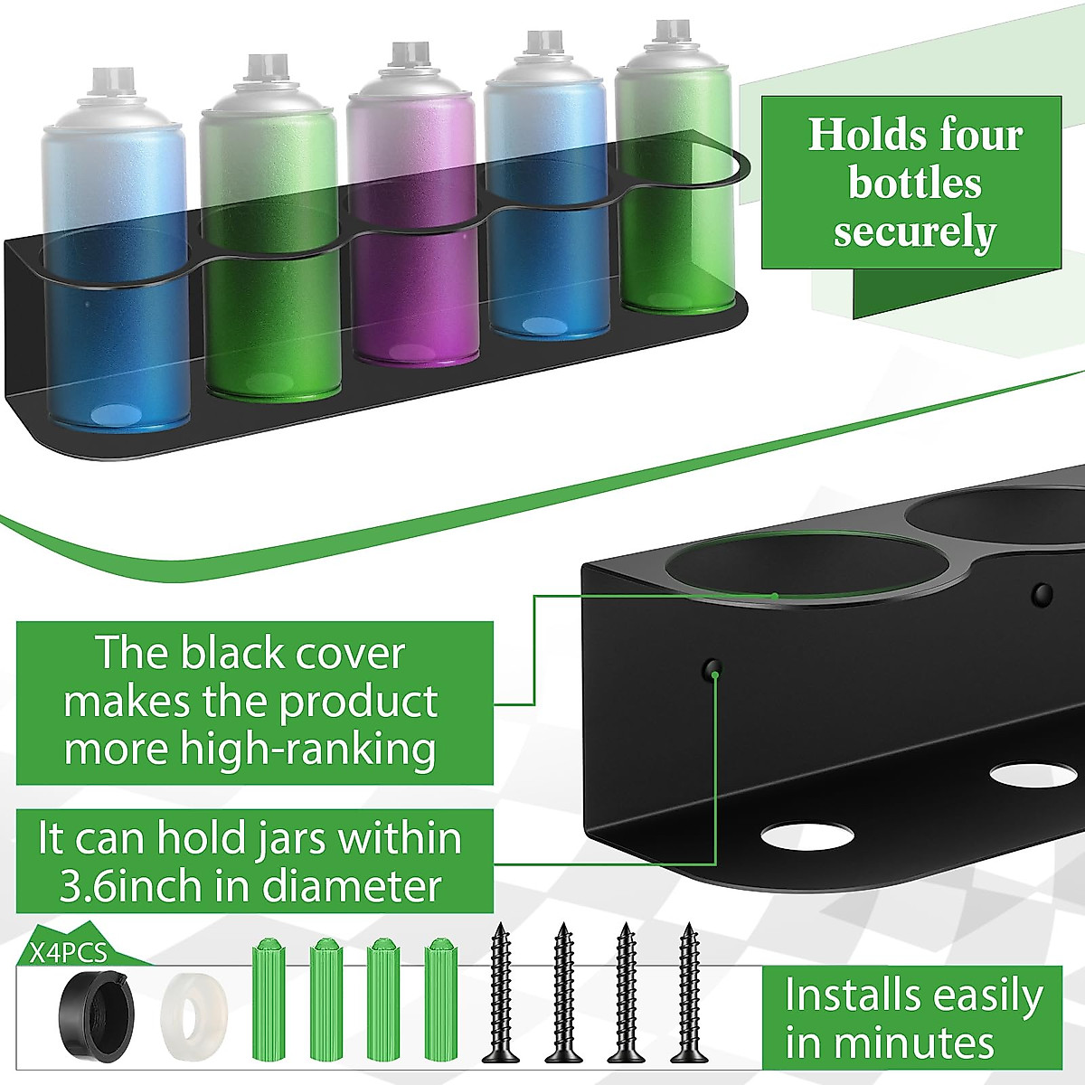 Therwen 2 Pcs 5 Holes All Purpose Steel Spray Bottle Holder Heavy Duty Spray Can Holder Rack Organizer Easy Install Wall Mount Paint Spray Bottle Organizer Storage Rack for Garage Home Workspace