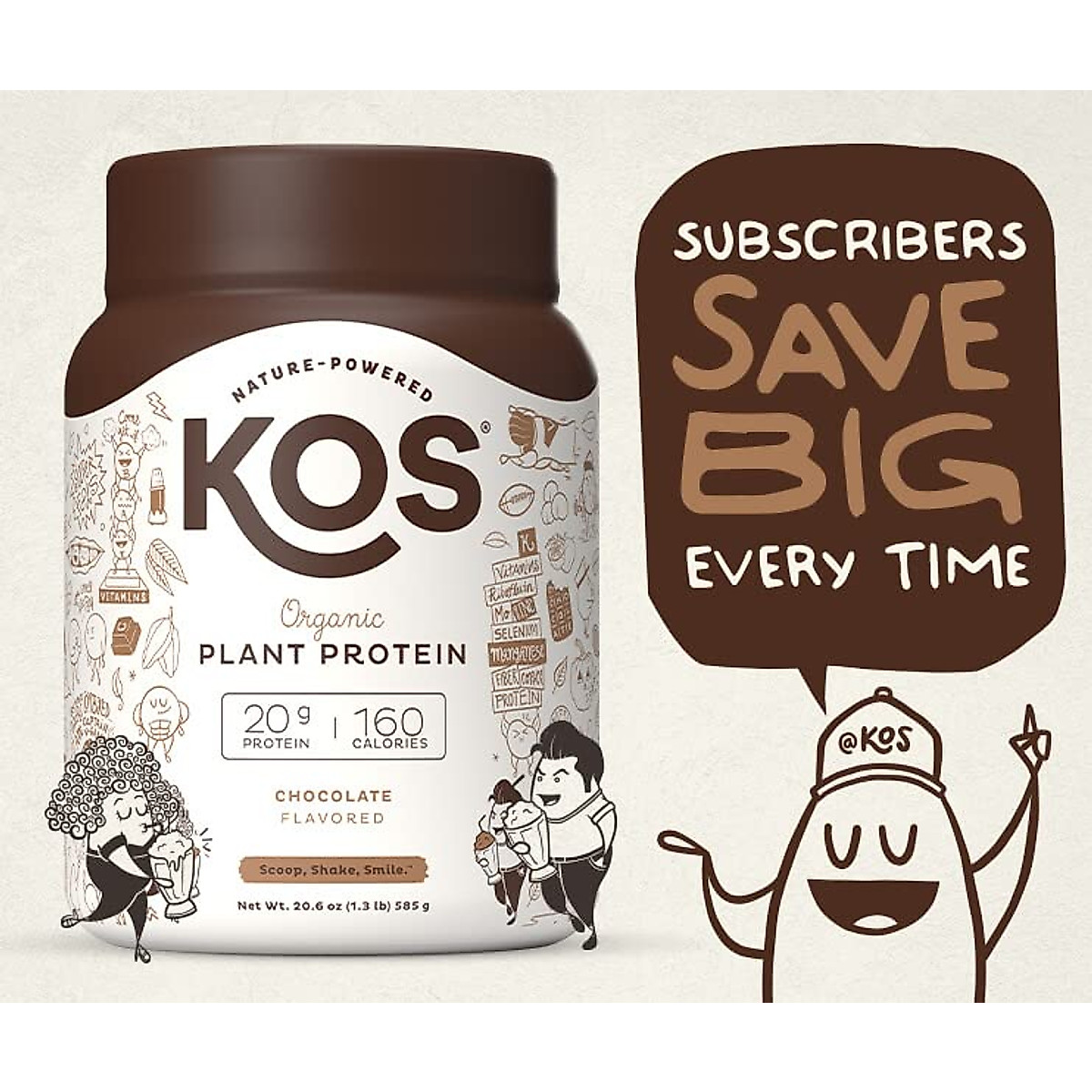 KOS Plant Based Protein Powder, Chocolate USDA Organic - Low Carb Pea Protein Blend, Vegan Superfood with Vitamins & Minerals - Keto, Soy, Dairy Free - Meal Replacement for Women & Men - 15 Servings