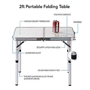 Folding Camp Table Small, 24''L x16''W with Adjustable Height Legs, Indoor Outdoor Lightweight Portable Aluminum Dining Table for Picnic Camping 2-Feet（2 Heights 10"/19"）