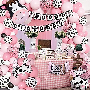 Amandir 117PCS Cow Party Decorations Pink Cow Balloon Garland Arch Kit with Cow Print Balloons Happy Birthday Banner Cake Topper for Girl Baby Shower Farm Animals Cow Themed Birthday Party Supplies