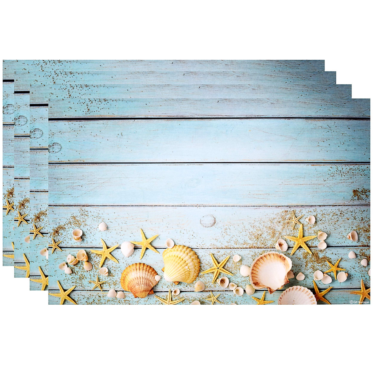 Gift Boutique Disposable Beach Seashell Starfish Paper Mat 50 Pack 11" x 17" Rectangle Summer Nautical Coated Placemat for Blue Sky Ocean Seaside Sand Wood Coastal Table Mat Dinner Party Décor