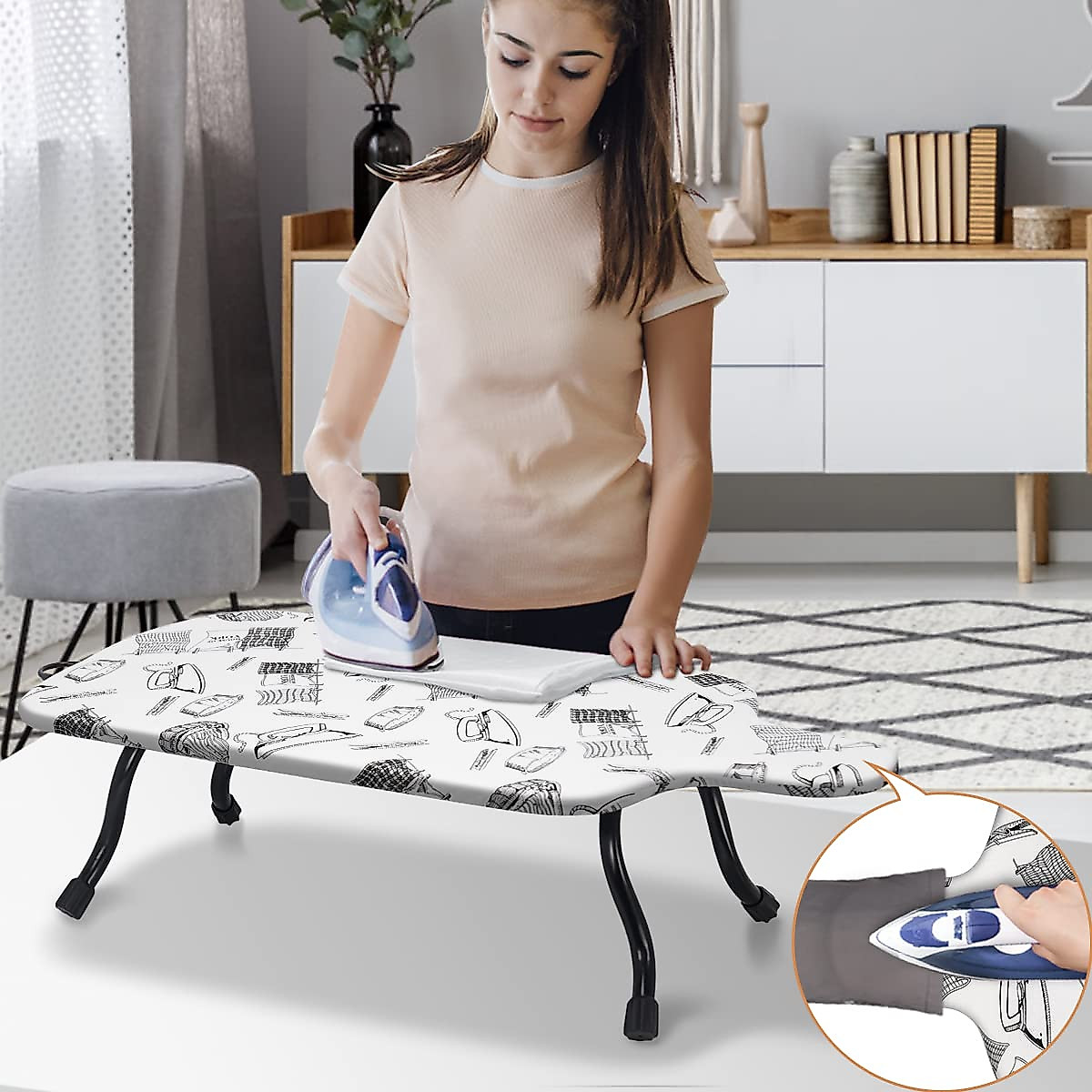 Duwee 15"x30" Table Top Ironing Board Extra Wide with Anti-Rust Hanging Hook and Removable Washable Cotton Cover, Steel Mesh Top Ironing Boards with 10mm Thicken Double Layers Feltpad and Foam,White