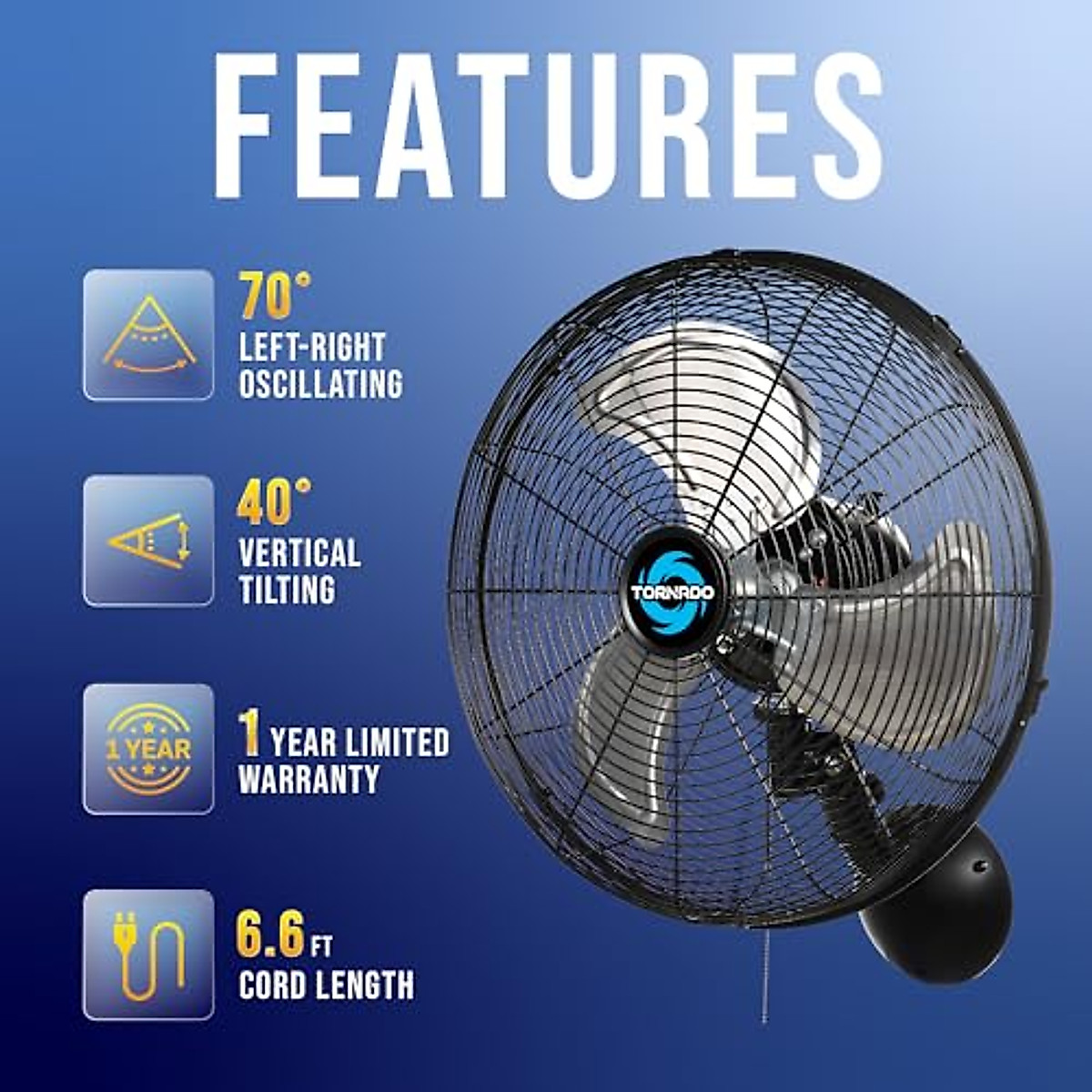 Tornado 16 Inch Pro Series High Velocity Oscillating Wall Mount Fan For Industrial, Commercial, Residential Use 3 Speed 2850 CFM UL Safety Listed