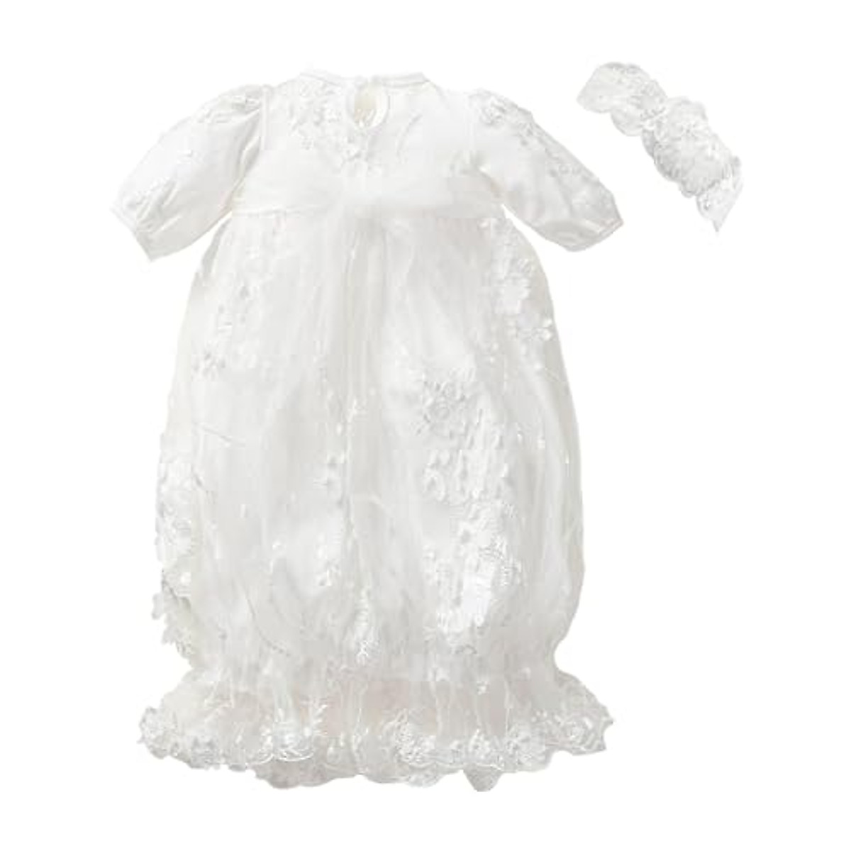 TENTIDE Baby Girl Christening Baptism Dresses White Embroidered Lace Newborn Baby Dedication Gowns with Headband 0-3 Month(Off-white, 0-3 Months)