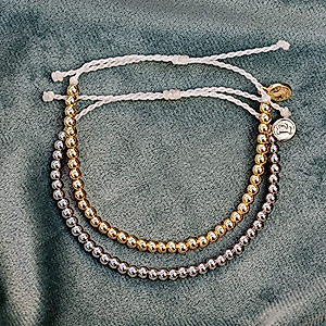 Pura Vida Bracelet Silver Metal Beads Beaded Bracelet - Adjustable Bracelet with Waterproof Band, String Bracelet for Women - Stackable Bracelets for Teen Girls, Handmade Bracelets for Teens - White