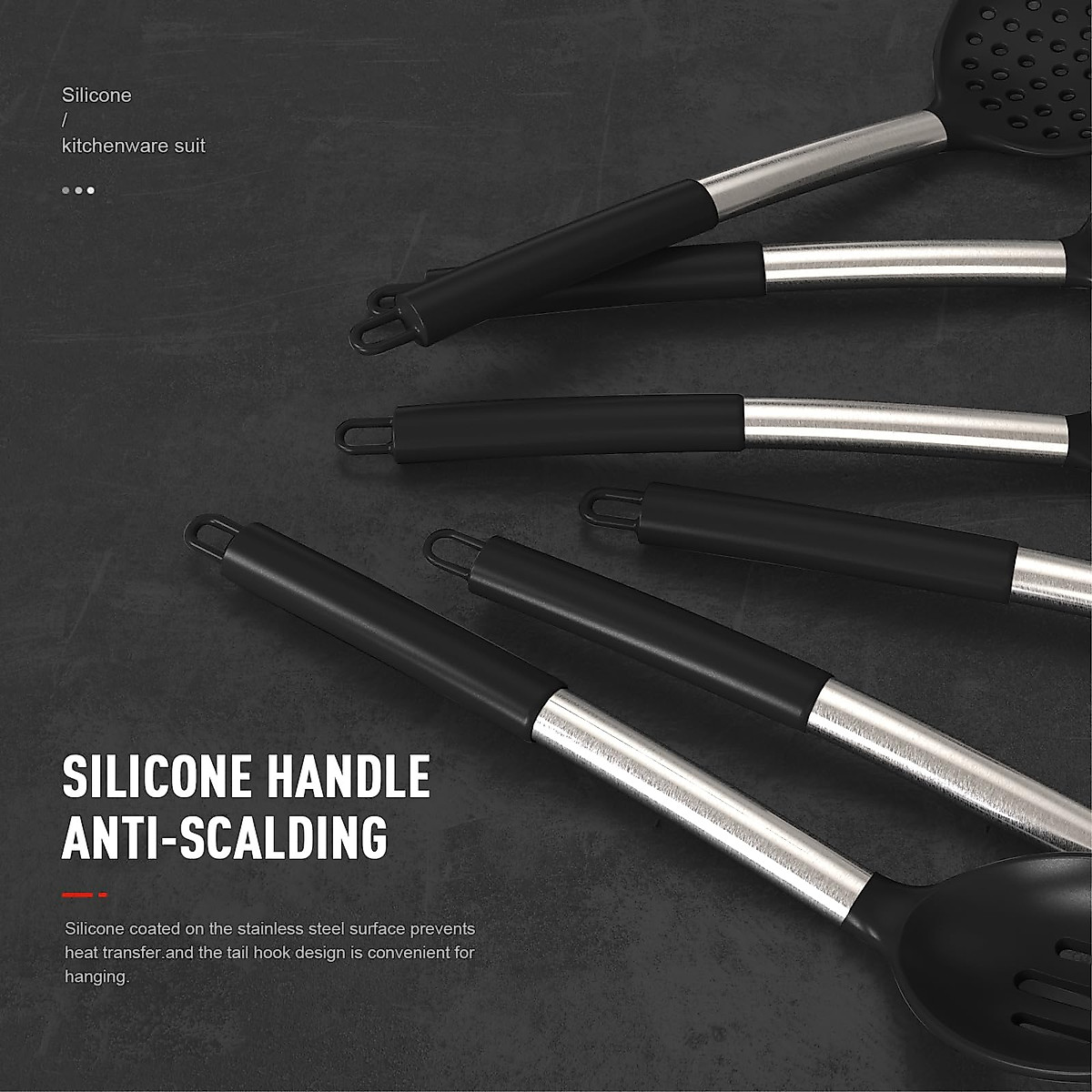 Large Silicone Cooking Utensils Set - Heat Resistant Kitchen Utensils Sets,Spatula,Spoon,Turner Tongs,Brush,Whisk,Stainless Steel Silicone Cooking Utensil for Nonstick Cookware Dishwasher Safe (Black)