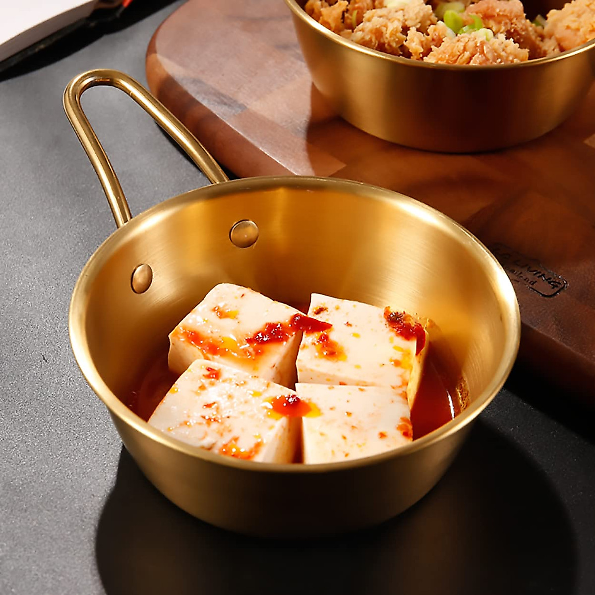 Dadamong 2Pcs Makgeolli Bowls, 304 Stainless Steel Korean Traditional Bowls Round Rice Bowl Wine Cup with Handle, Hiking Soup Dish Food Bowl Camp Cup (Small: 6.5oz, 3.9inch, Gold)