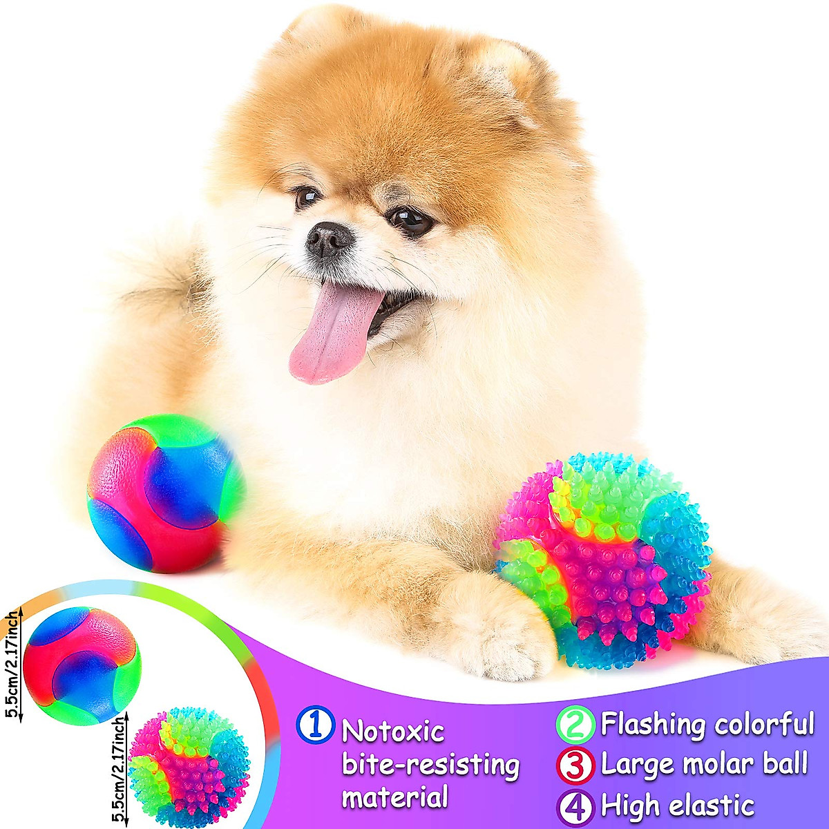 Sumind 4 Pieces Light Up Dog Balls Glowing Elastic LED Flashing Spike Pet Molar Light Color Balls Interactive Pet Toys for Cats Dogs Chewing Playing (2.2 Inch, 2 Styles)