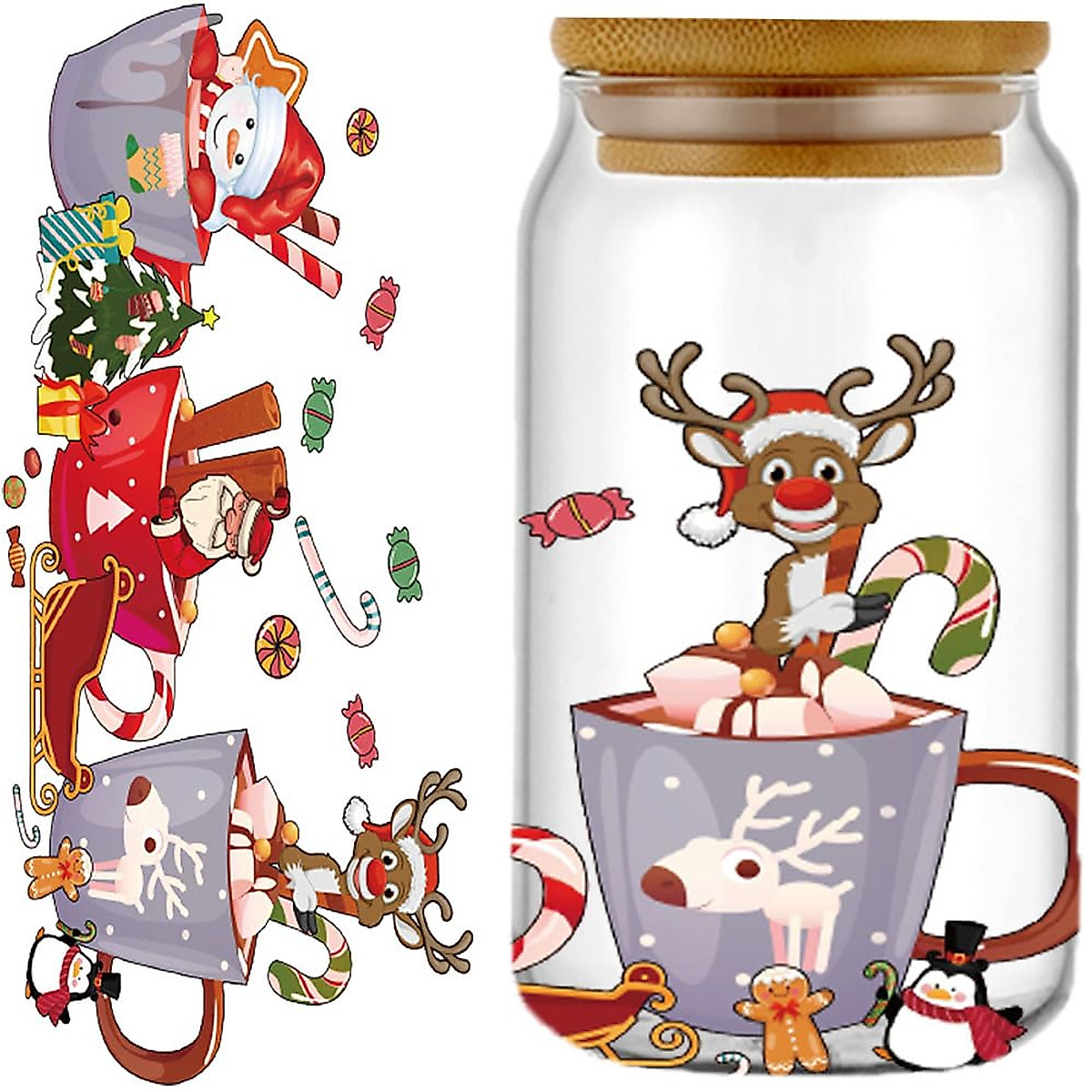 5Sheets Christmas Decorations UV DTF Transfer Sticker,Santa Claus Rub on Transfers Stickers Cute Cartoon Xmas UV DTF Cup Wrap Stickers for Glass Cups Christmas Decor Rub on Transfers for Crafts Decals