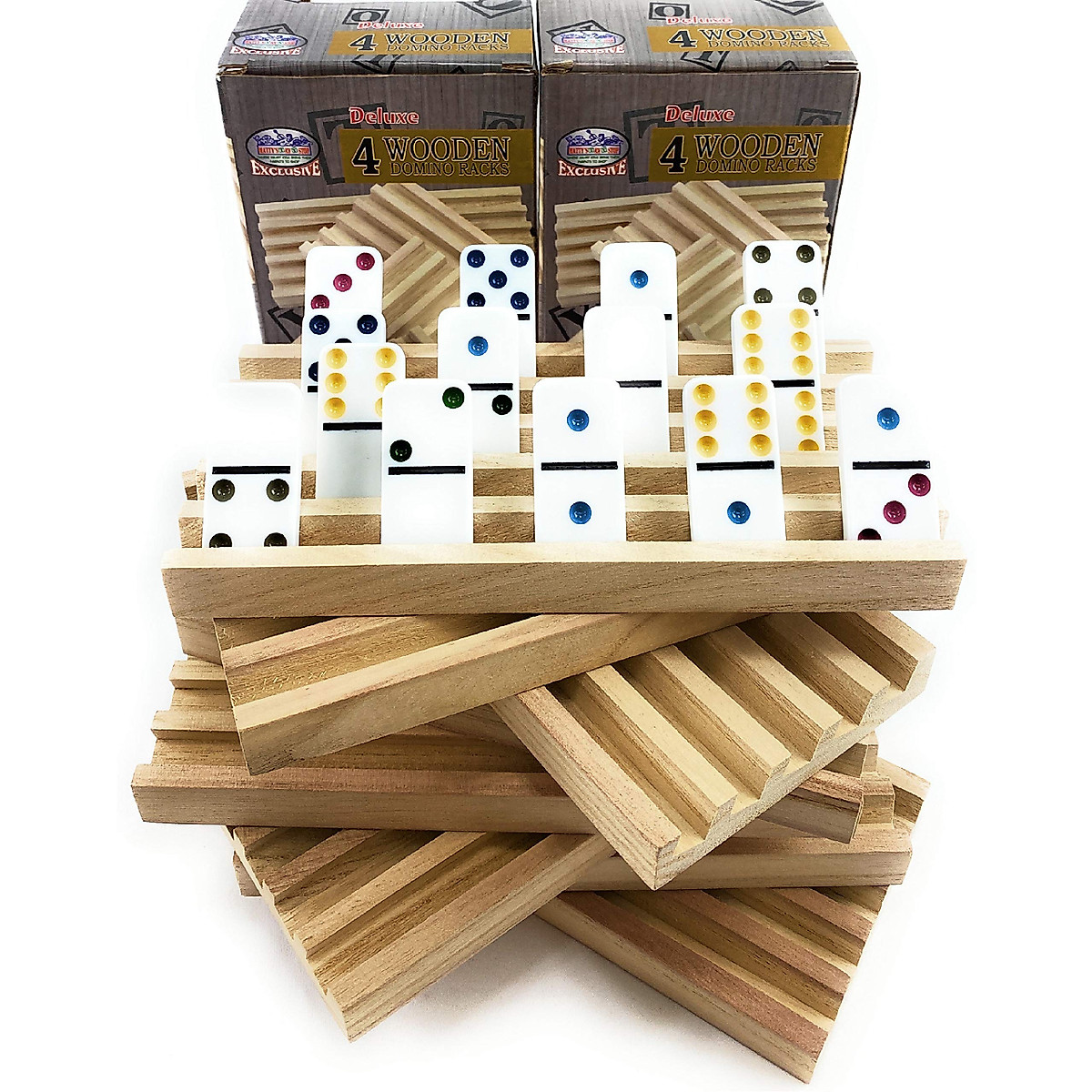 Matty's Toy Stop Deluxe Solid Wood Domino Trays (4 Count) Game Bundle - 2 Pack (8 Trays Total)