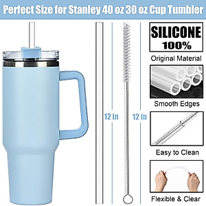 ALINK 10 Pack Silicone Replacement Straws for Stanley 40 oz 30 oz Tumbler, 12 in Long Reusable Clear Straws for Stanley Cup Accessories, Half Gallon Jug, Plus 2 Cleaning Brush