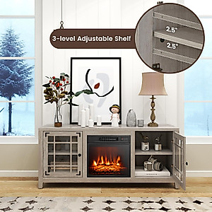 COSTWAY Electric Fireplace TV Stand for TVs up to 65-inch, 18-inch Fireplace Entertainment Center with Remote Control, Thermostat, TV Console with Adjustable Shelves for Living Room Bedroom, Natural