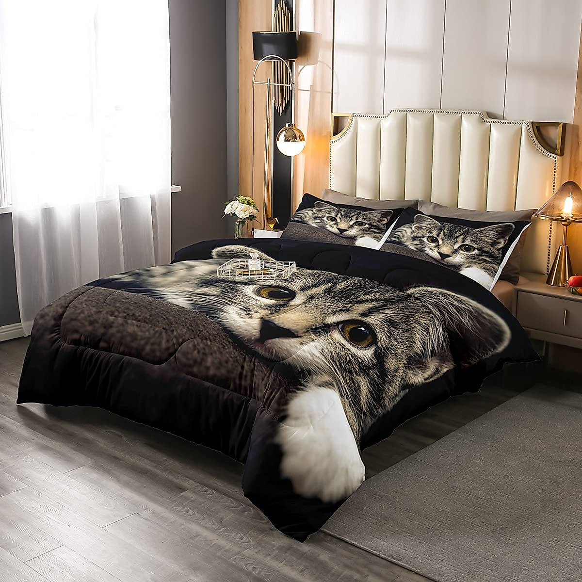 Feelyou Cats Comforter Set 3D Animals Pattern Bedding Set for Kids Boys Girls Pet Cat Kitten Decor Comforter Brown Grey Quilt Set Room 2Pcs Twin Size