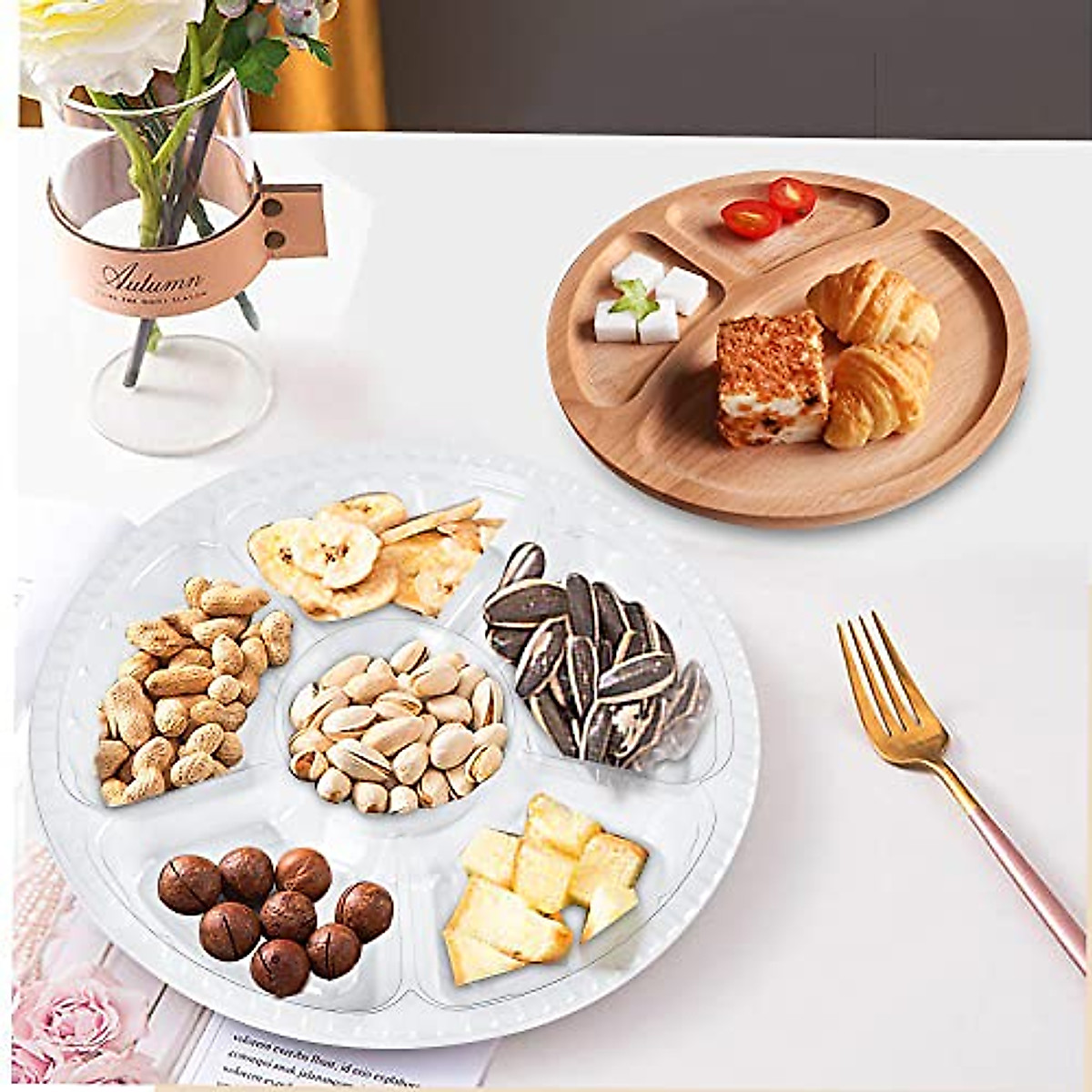 10 Pack Round Appetizer Serving Trays with Lids, 10 Inch Clear Plastic Veggie Fruit Snack Vegetable Food Serving Platters, Disposable Compartments 6 Sectional Catering Trays for Party and Buffet