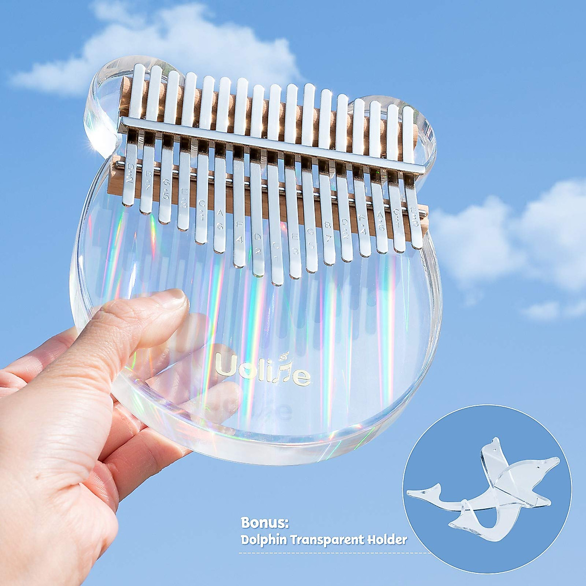 Kalimba Thumb Piano 17 Key,Rainbow Clear Crystal Acrylic Finger Piano Transparent Body Cute Bear Shaped Kalimba With Case Gifts for Kids Adult Beginners with Tuning Hammer (Rainbow)