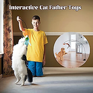 Cat Feather Toys, Interactive Cat Wand Toys with Super Suction Cup, Detachable 6 PCS Feather Refills Tail Bird Feathers with Bell, Cat Teaser Wand for Indoor Cats Kitten Play Chase Exercise (Set 1)