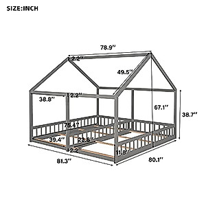 Merax Double Twin Kids House Shaped Low Platform Beds, Wood Floor Bed Frame for Boys, Girls, No Box Spring Needed Easy Assemble (Twin,Grey