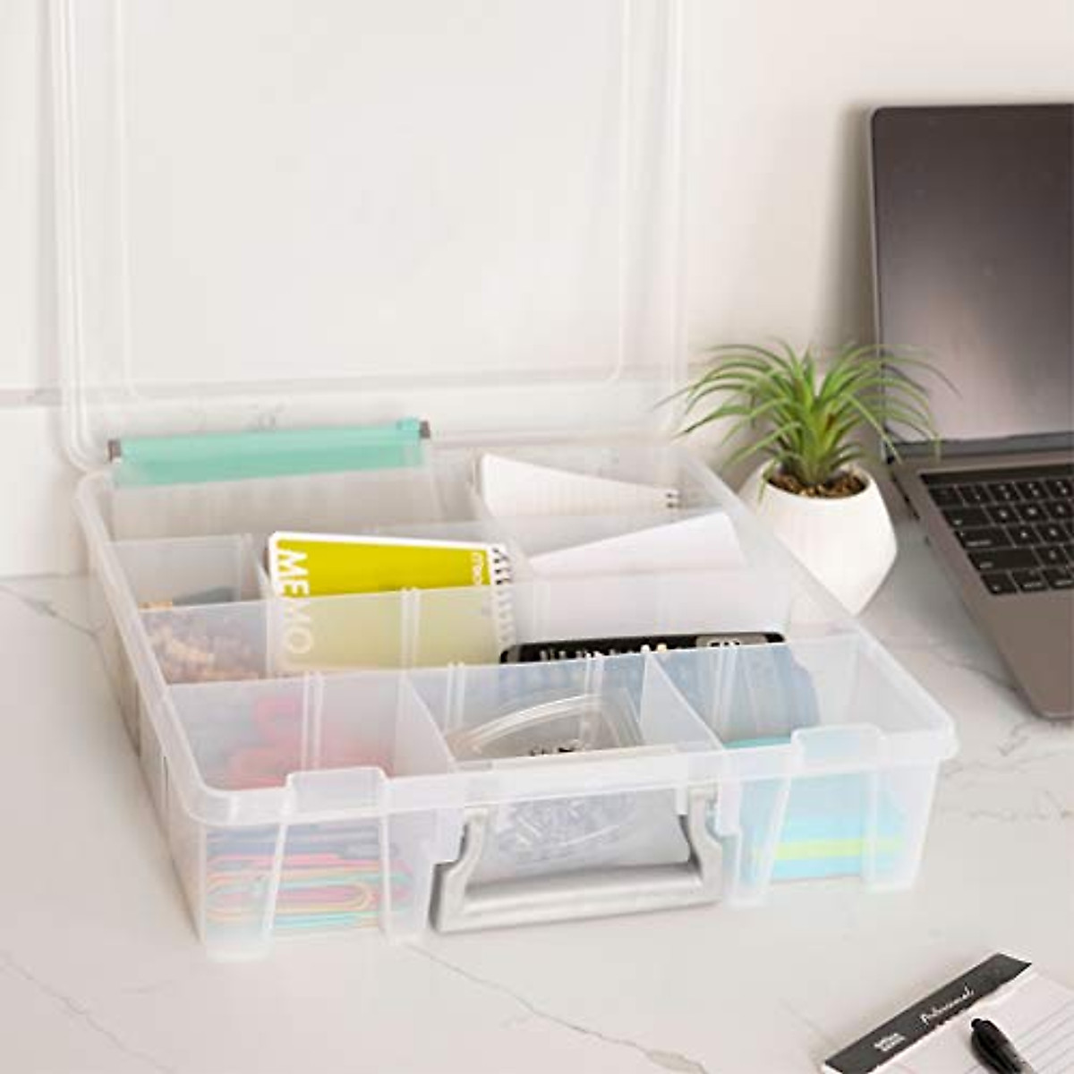 AB Designs 6823ABD Super Satchel with Removable Dividers, Stackable Home Storage Organization Container, Clear with Sliver Latches and Handle