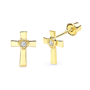 Wellingsale 14K Yellow Gold Polished Cross Heart Stud Earrings With Screw Back