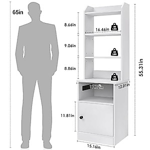 Aufvolr 6 Tier Bookshelf with Cabinet，Tall Night Stand with Charging Atation, Wood Book Shelf Storage Organizer, Modern Display Standing Shelf Unit for Bedroom, Living Room, Office (White)