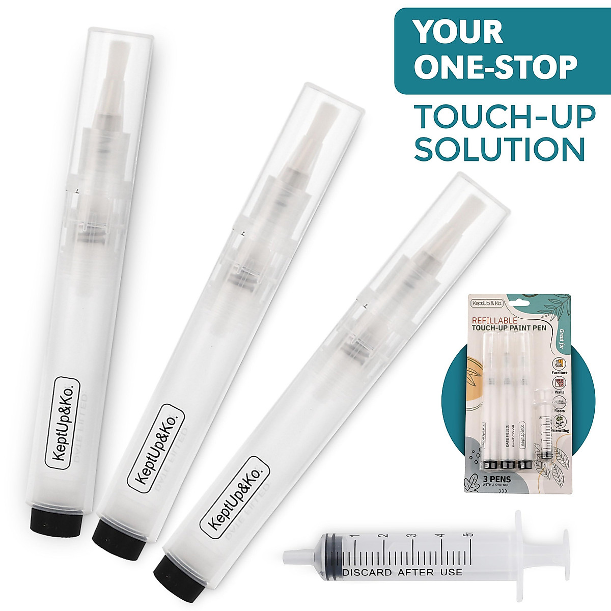 Paint Touch Up Pens Refillable - 5ml Touch Up Paint Pens for Walls | Pack of 3 Touch Up Paint Pen | Refillable Paint Pen for Touch Ups | Cabinet Touch Up Paint |Perfect Paint Touch Up Pen with Syringe
