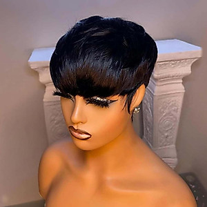 Evasens Pixie Cut Wigs Human Hair Short Wigs for Black Women Human Hair Pixie wig with Bangs Short Black Wig Layered Wigs Daily Wear (1B#ZZ)