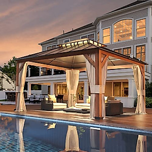 EROMMY 12'X14' Gazebo, Wooden Grain Aluminum Frame Canopy with Galvanized Steel Hardtop Roof, Outdoor Permanent Pavilion with Curtains and Nettings for Patio, Backyard, Deck