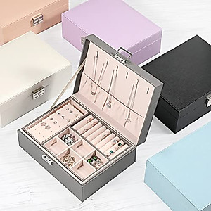 Allinside Jewelry Box Organizer for Women Teen Girls, 2 Layers PU Leather Jewelry Display Storage Case with Lock, Velvet Lining, Choice, Gray
