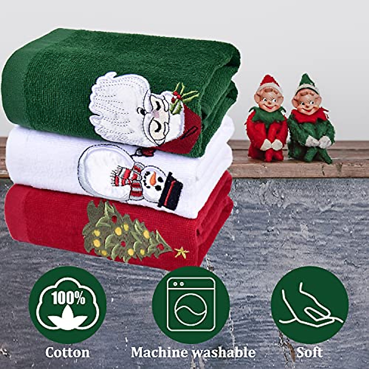 Christmas Hand Towels for Bathroom 16 x 25 inch, 3 Pack Embroidery Design 100% Cotton Super Soft and Absorbent Dish Towels , for Holiday, Kitchen, Drying, Cleaning Gift