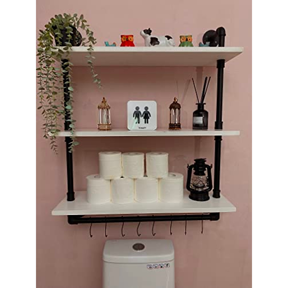 ROGMARS Industrial Pipe Shelving Floating Bathroom Shelves with Towel Bar Over Toilet,3 Tier 30 inch Retro White Rustic Farmhouse Pipe Wall Shelves for Kitchen Storage (30inch 3 Tier)