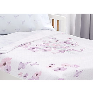 Delta Children 4 Piece Toddler Bedding Set for Girls - Reversible 2-in-1 Comforter - Includes Fitted Comforter to Keep Little Ones Snug, Bottom Sheet, Top Sheet, Pillow Case - Purple Bouquet