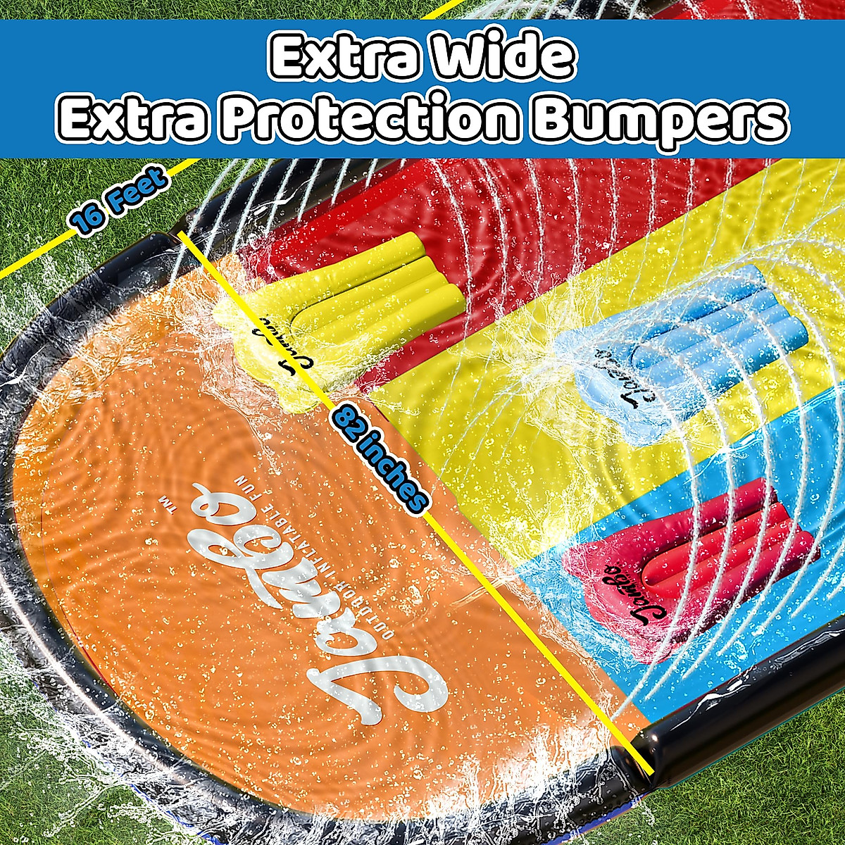 JAMBO 16Ft Premium 3 Lane Slip Splash and Slide with Bodyboards, Heavy Duty Water Slide- Advanced 3-Way Sprinkler System, Splash Mat Splash Pad Backyard Waterslide Outdoor Water Toys n Slides for Kids