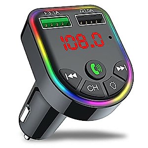 Bluetooth FM Transmitter for Car Radio Receiver Wireless in-Car Bluetooth Adapter Player for Car, 7-Color LED Handsfree Call Audio Music Adapter Supports Dual USB Port