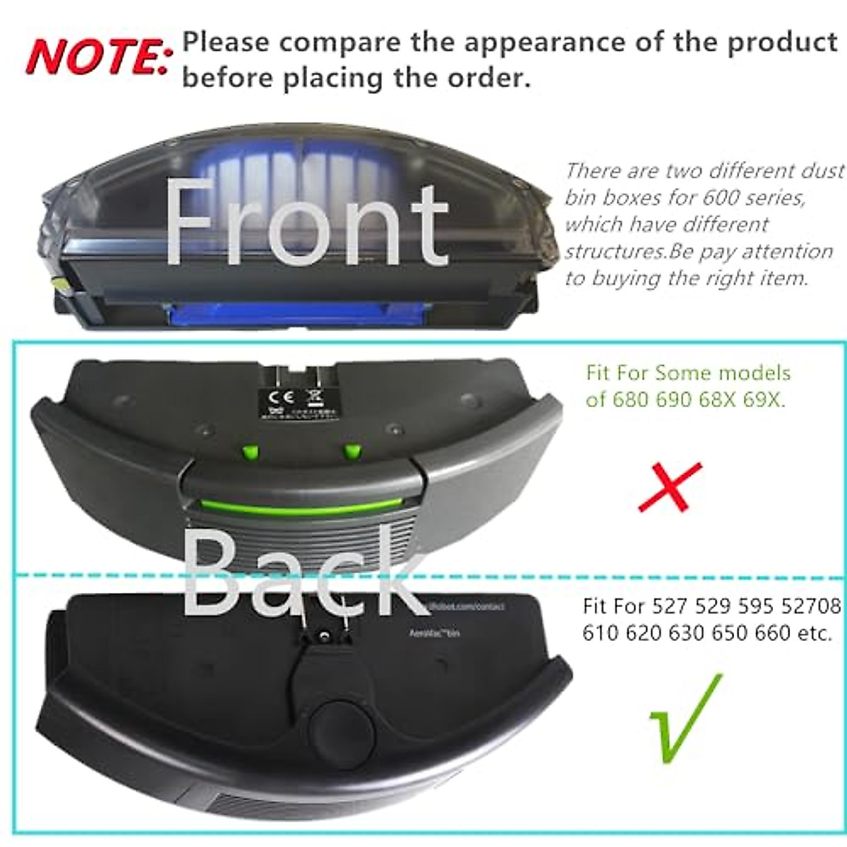Hepa Filter Dust bin AeroVac Bin Box Compatible for Irobot Roomba 500 600 Series 527 595 620 675 692 694 Collection Box Filter Box Collector Parts Replacement (not fit 680 690)