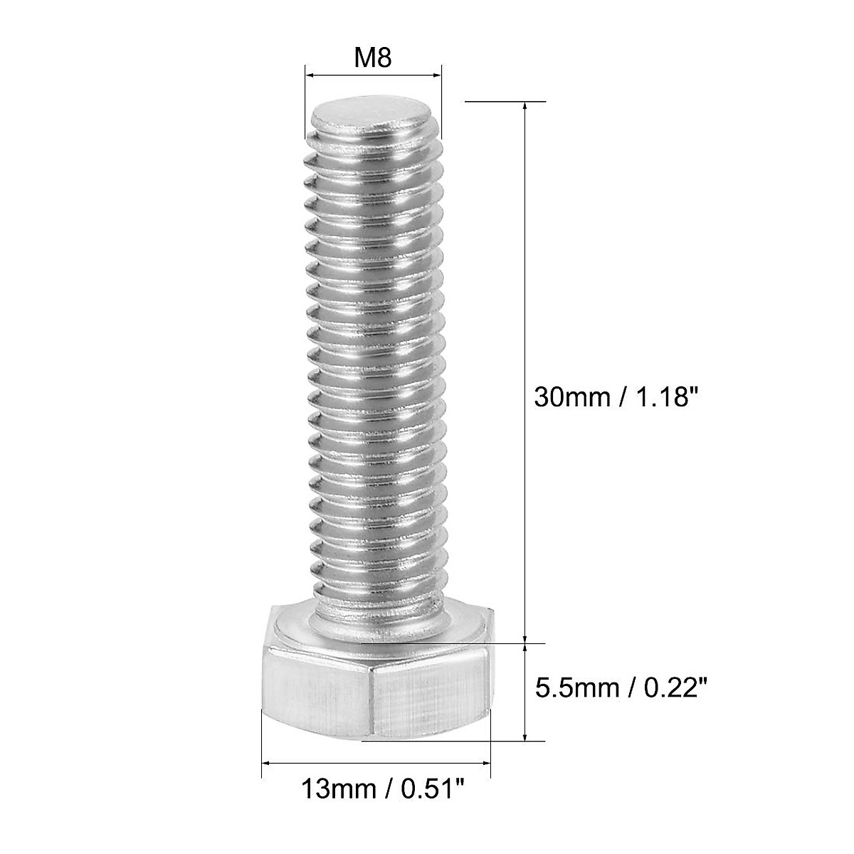 uxcell M8x30mm Hex Bolts 304 Stainless Steel Hexagon Screw Bolt 5pcs