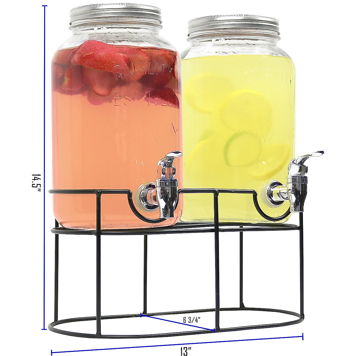 Estilo Glass Double Drink Dispenser with Stand - Set of 2, 1 Gallon Glass Beverage Dispenser with Stand, Glass Drink Dispenser, Glass Jar with Lid, Mason Jar for Weddings, Juice Dispensers for Parties