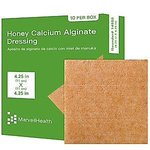 MarvellHealth Honey Calcium Alginate Dressing 4.25” x 4.25”, Pack of 10 Individual Sterile Pads, Medical Active Leptospermum Honey, Highly Absorbent, Fast Healing for Diabetic Ulcers & Abrasions