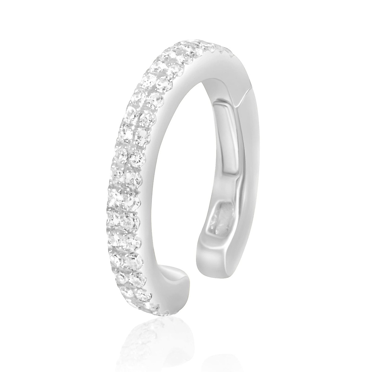 14K White Gold and Diamonds Two-Row Hinged Ear Cuff Fashion Earring - Made of Real 14K White Gold and Genuine Round White H-I / SI1 Diamonds - Prong Setting