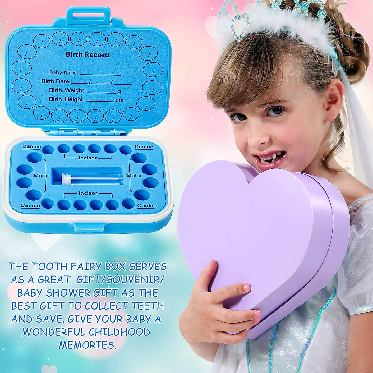 Baby Tooth Box Keepsake for Kids Teeth Storage Holder Child Teeth Organizer Tooth Fairy Box with Baby Fetal Hair Container and Tweezer for Keeping The Child Memory(Blue)