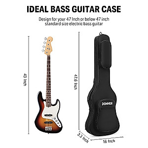 Donner 47 Inch Bass Guitar Case, 0.4 Inch Thick Padding Sponge 600D Ripstop Waterproof Nylon Soft Electric Bass Guitar Gig Bag with 3 Pockets and Back Hanger Loop, Black