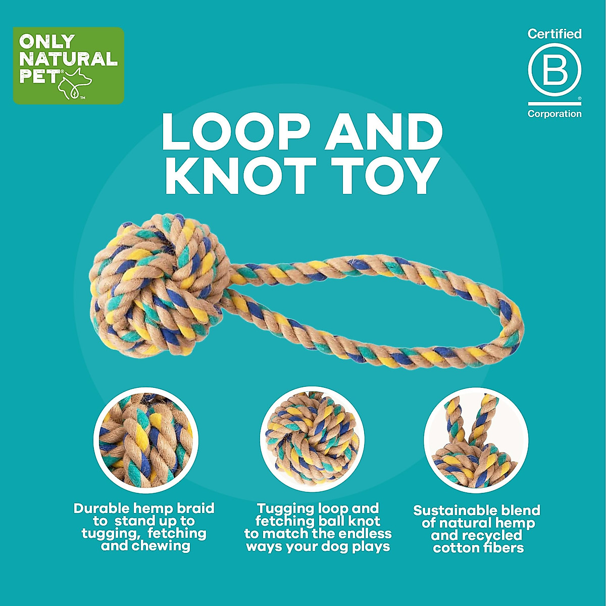 Only Natural Pet Hemp and Recycled Cotton Tug & Fetch Dog Toys - Interactive Tug & Chew Dog Rope Toy with Loop Handle and Knot - Eco-Friendly, Engaging & Durable Hemp Braid | Loop & Knot Toy, 3" x 9"