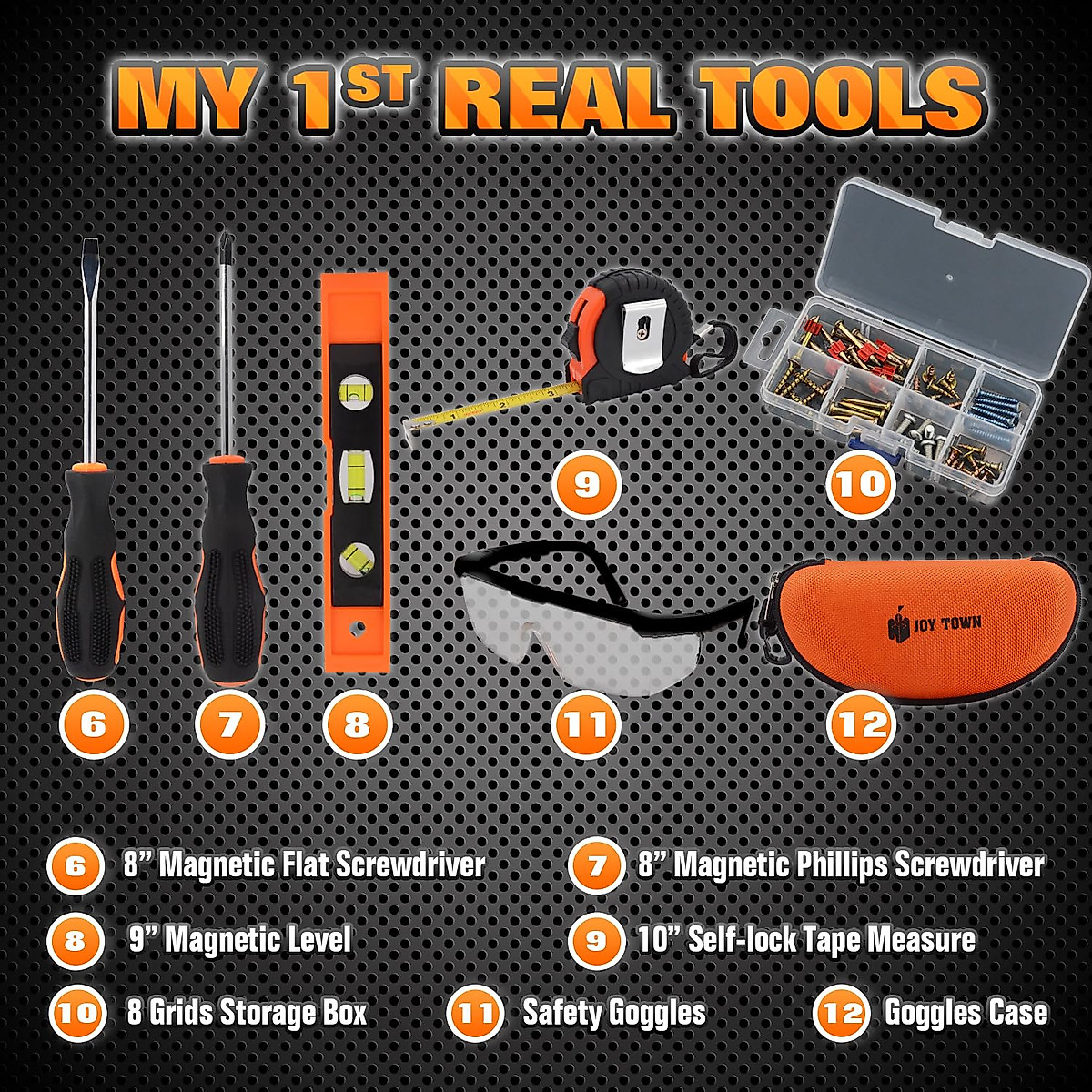 JoyTown Kids Real Tool Set - Junior Steel Forged Tool Kit for Children with Real Hand Tools, Kids Tool Belt, Portable Tool Bag, Perfect Learning Tools for Home DIY (Orange & Black)
