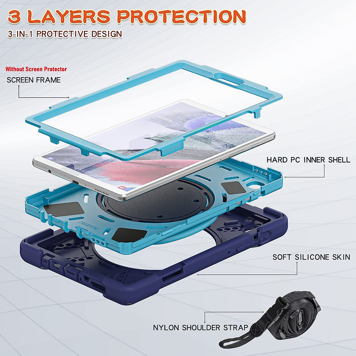 Case for Samsung Galaxy Tab A7 Lite 8.7'' with Pencil Holder - Rotating Handle Grip &Stand -Shoulder Strap, SCSVPN Rugged Protective Kids Case for Galaxy Tab A7 Lite 2021 SM-T220/T225/T227, Navy/Blue
