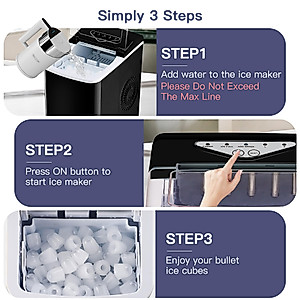 rosmena Countertop Ice Maker, 30lbs/24H Small Ice Machine with Self-Cleaning, Portabe Bullet Ice Maker, 9 Cubes in 6 Mins, 2 Size Option, with Ice Basket/Scoop for Home/Kitchen/Bar/RV (Black)