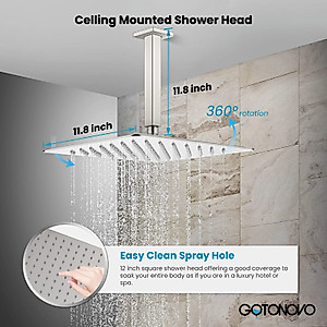 gotonovo Ceiling Mounted Rain Mixer Shower Faucet Set 12 inch Square Rainfall Shower Head with 4 Body Spray Jets and Brass Handshower Brushed Nickel Rough-in Valve and Trim Included
