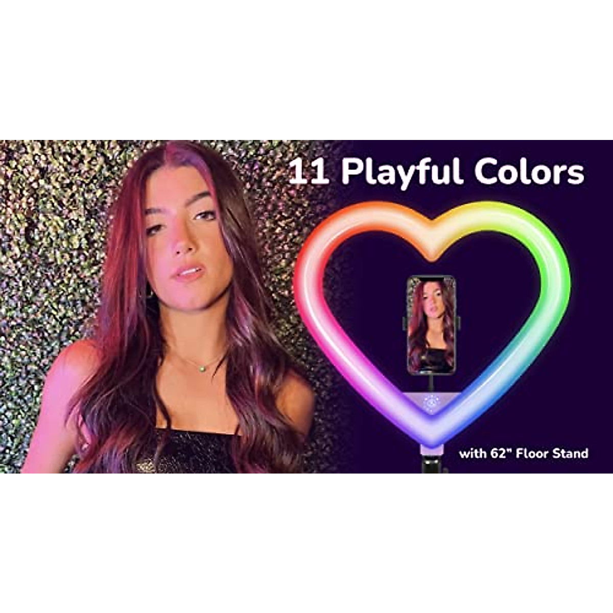 Dixie & Charli 13" Heart Shaped Color LED Ring Light Cell Phone Holder with 63" Tripod Stand and Wireless Remote
