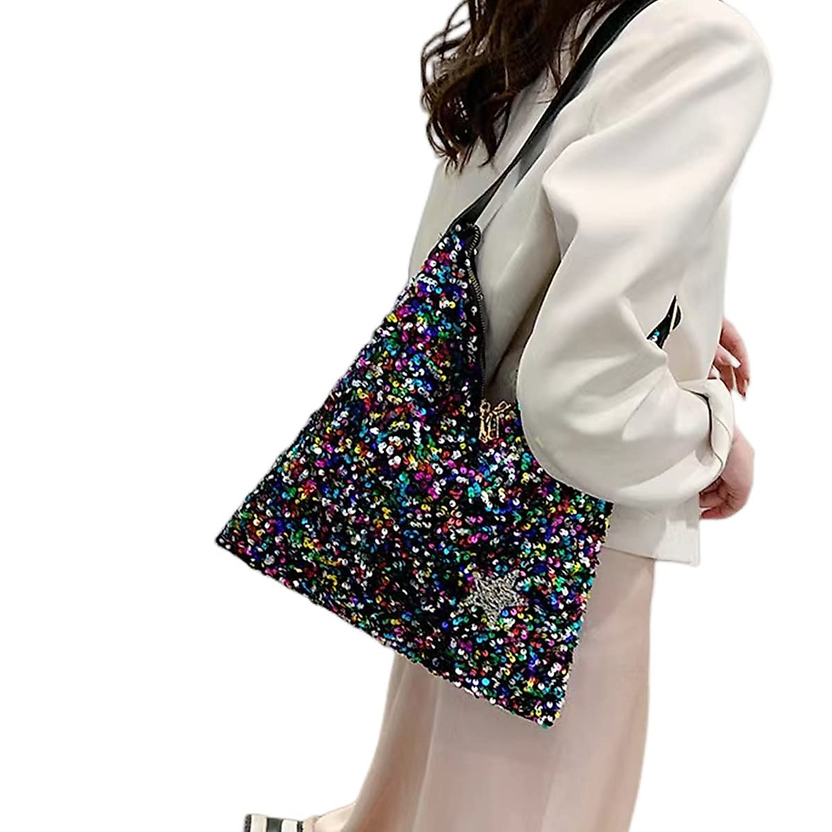 WIGUYUN Womens Mermaid Sequins Shoulder Bag Reversible Sequin Handbag Purse Sparkling Tote Shiny Hobo Bag,Black