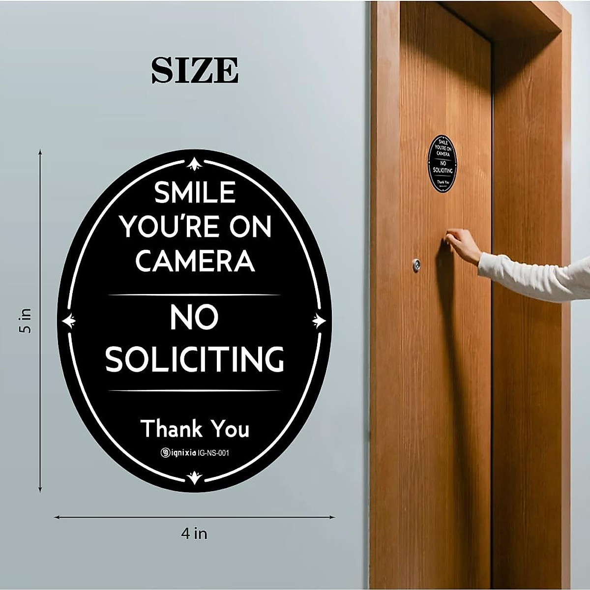 Ignixia No Soliciting Sign for House 4" x 5" Inches Smile You are on Camera Sign Digital Printed Oval Shape with Industrial Grade Adhesive No Soliciting Thank You Sign