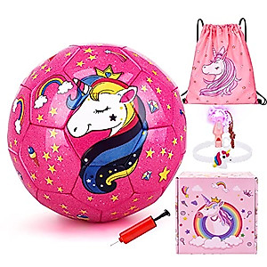 JYPS Size 3 Soccer Ball Girls, Glitter Unicorn Soccer Ball Gifts for Girls Kids Age 4-8 with Pump & Drawstring Bag, Unicorn Toys for Girls Age 3 4 5 6 7 8